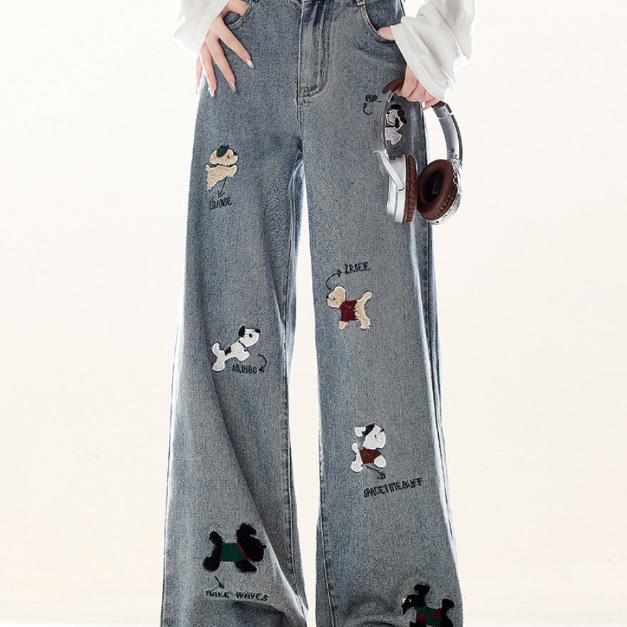 Natural Rustic-style Embroidered Denim Jeans With A Puppy Design For W ...