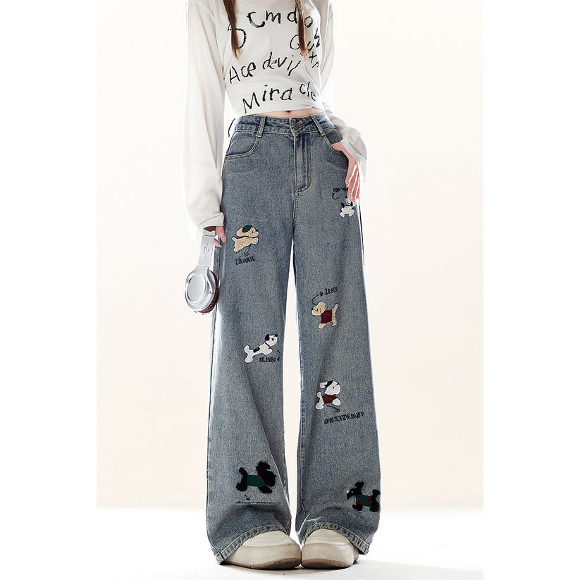 Natural Rustic-style Embroidered Denim Jeans With A Puppy Design For W ...